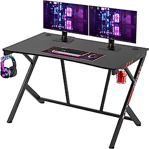 PayLessHere Computer Gaming Desk 35 Inch Z-Shaped PC Computer Desk Ergonomic Gaming Table Gamer Workstation Headphone Hook, Red