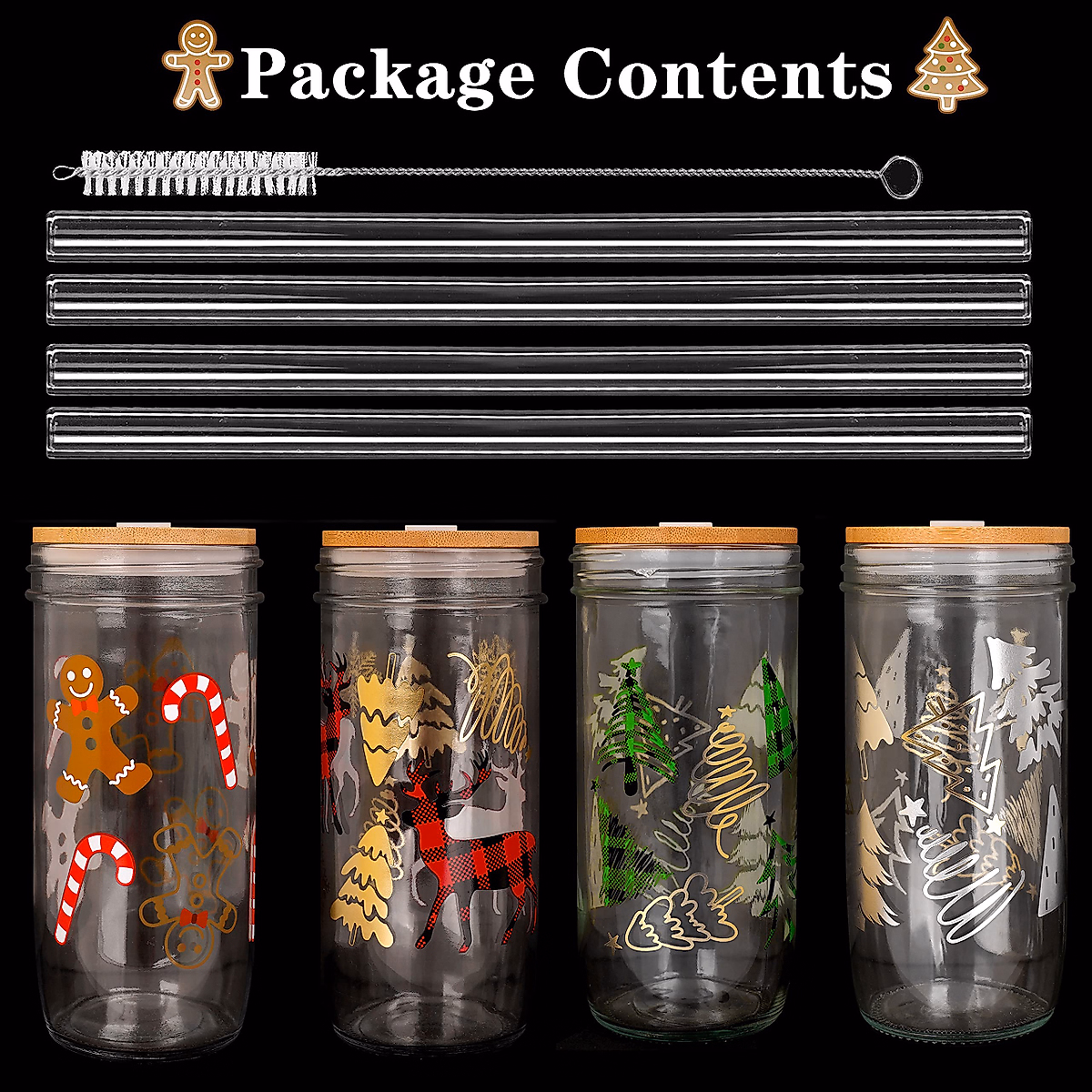 ANOTION Christmas Cups, 24oz Colored Christmas Mugs Useful White Elephant Gifts for Adults Holiday Mason Jars Glass Cups with Lid and Straw Tumbler Drinking Glasses Coffee Cups Gifts for Women Men