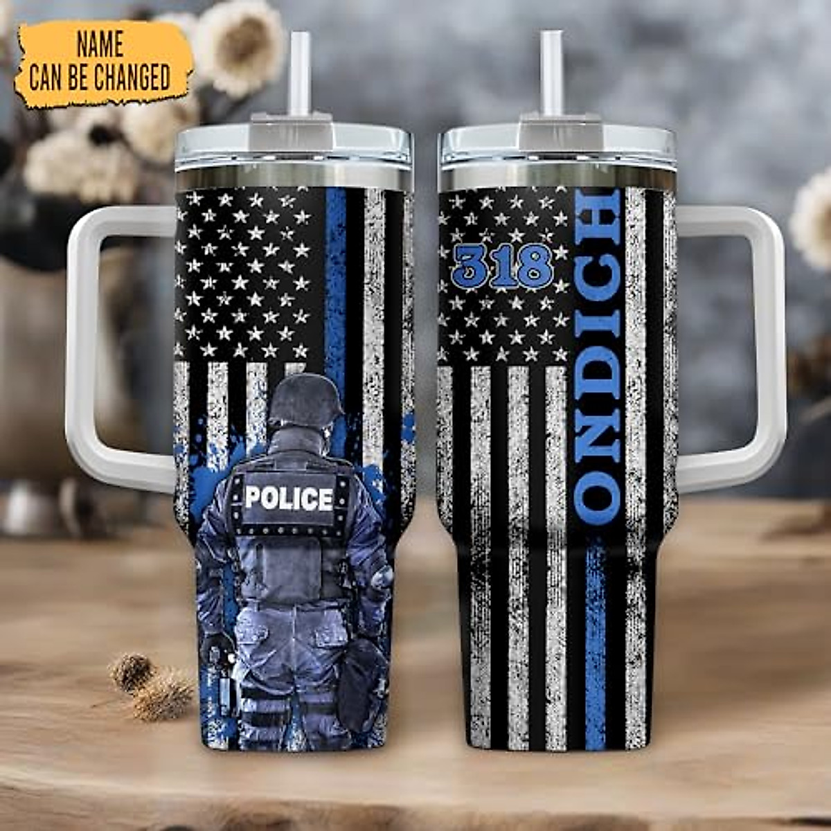 Hyturtle Police Gifts Personalized Thin Blue Line Tumbler US Flag Police Academy Graduation Gifts for Men Cops Officer Retirement 40 Oz Tumbler With Lid And Straw