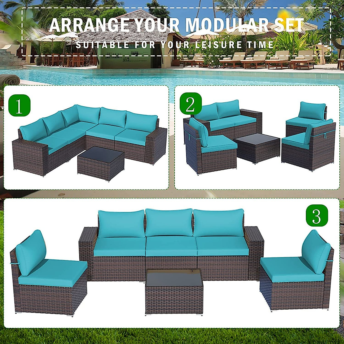 ALAULM 6 Pieces Patio Furniture Set Sectional Sofa Set Outdoor Furniture All Weather Brown PE Rattan Patio Conversation Set w/5 Blue Seat Cushions and 1 Coffee Table