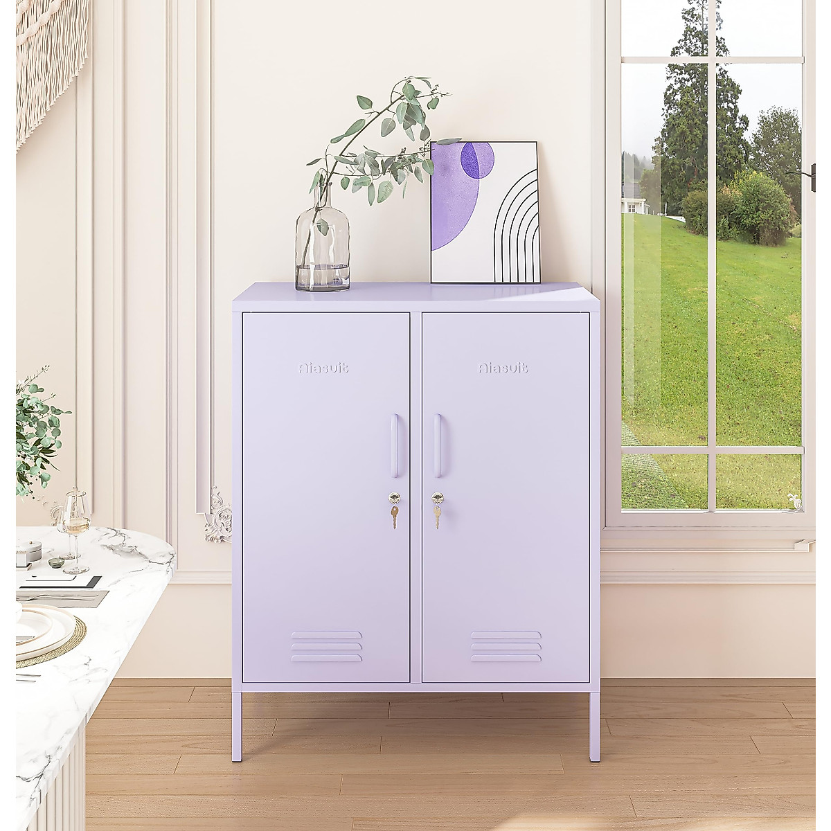 Aiasuit 2 Doors Lockable Metal Storage Cabinet 3 Tiers Shelf Multifunctional Storage Organizer Detachable Shelves Easy to Assemble Purple Size: 39.37”H x 31.5”W x 14.96”D