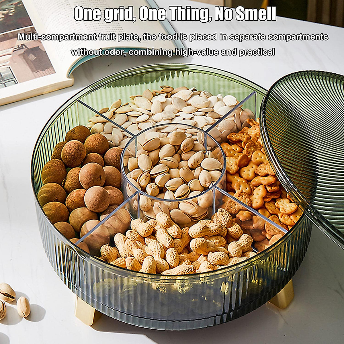 RUNLAIKEJI Divided Serving Tray with Lid, 5 Compartment Fruit and Snack Serving Tray, Transparent, Plastic, Rectangular, 11 x 8 x 2.5 in