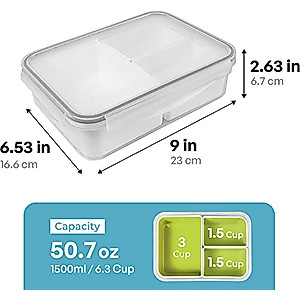 carrotez Food Storage Container with 3 Removable Compartments, Food Prep Container with Airtight Lids, Portion Control Container, Reusable, BPA Free, 6.3 Cup (1500ml)