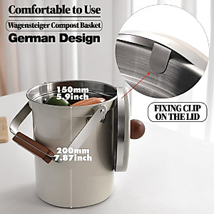 WAGENSTEIGER Kitchen Countertop Compost Bin 96 oz/3 Liter Airtight Lid SUS304 Premium Stainless Steel Odor-Free Food Waste Bin with Wooden Handle Stylish Design Modern Kitchen (Off-White)