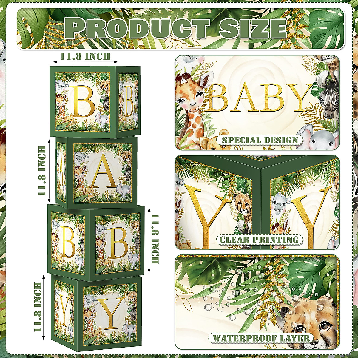 Jungle Safari Baby Boxes with Letters for Baby Shower Decorations Boy Girl Jungle Animal Theme Decor Balloon Blocks for Jungle Safari Baby Shower Gender Reveal Birthday Party Supplies