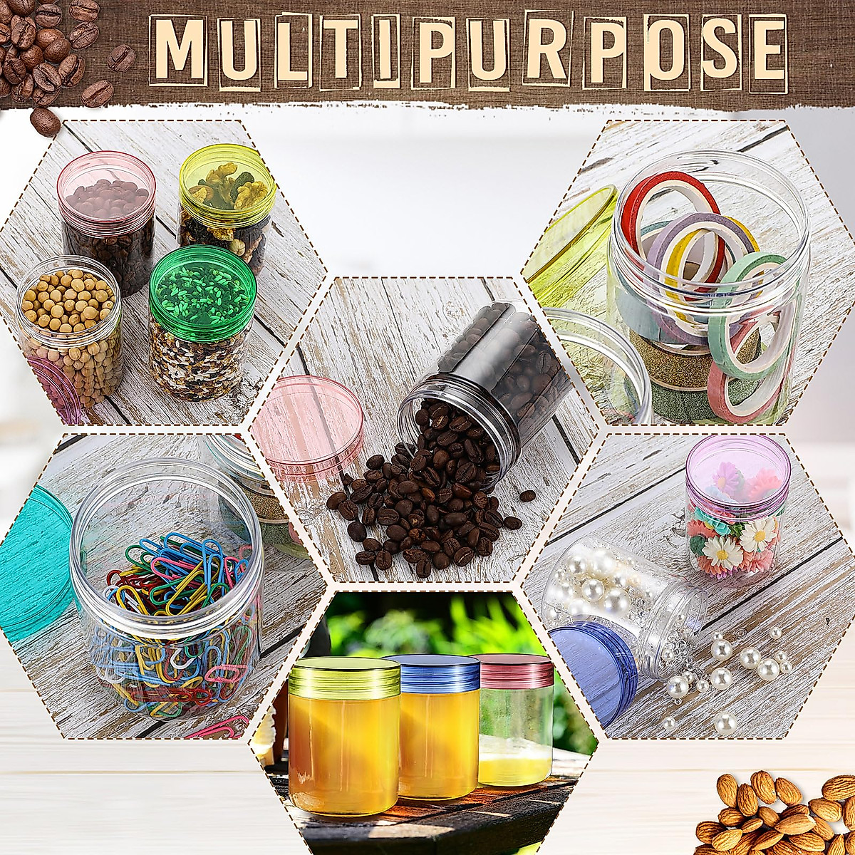 Sliner 60 Pcs 8 oz Plastic Jars with Lids Clear Round Leakproof Storage Containers Empty Refillable Plastic Mason Jars for Travel Storage Face Creams Kitchen Household Food Spice (Colorful)