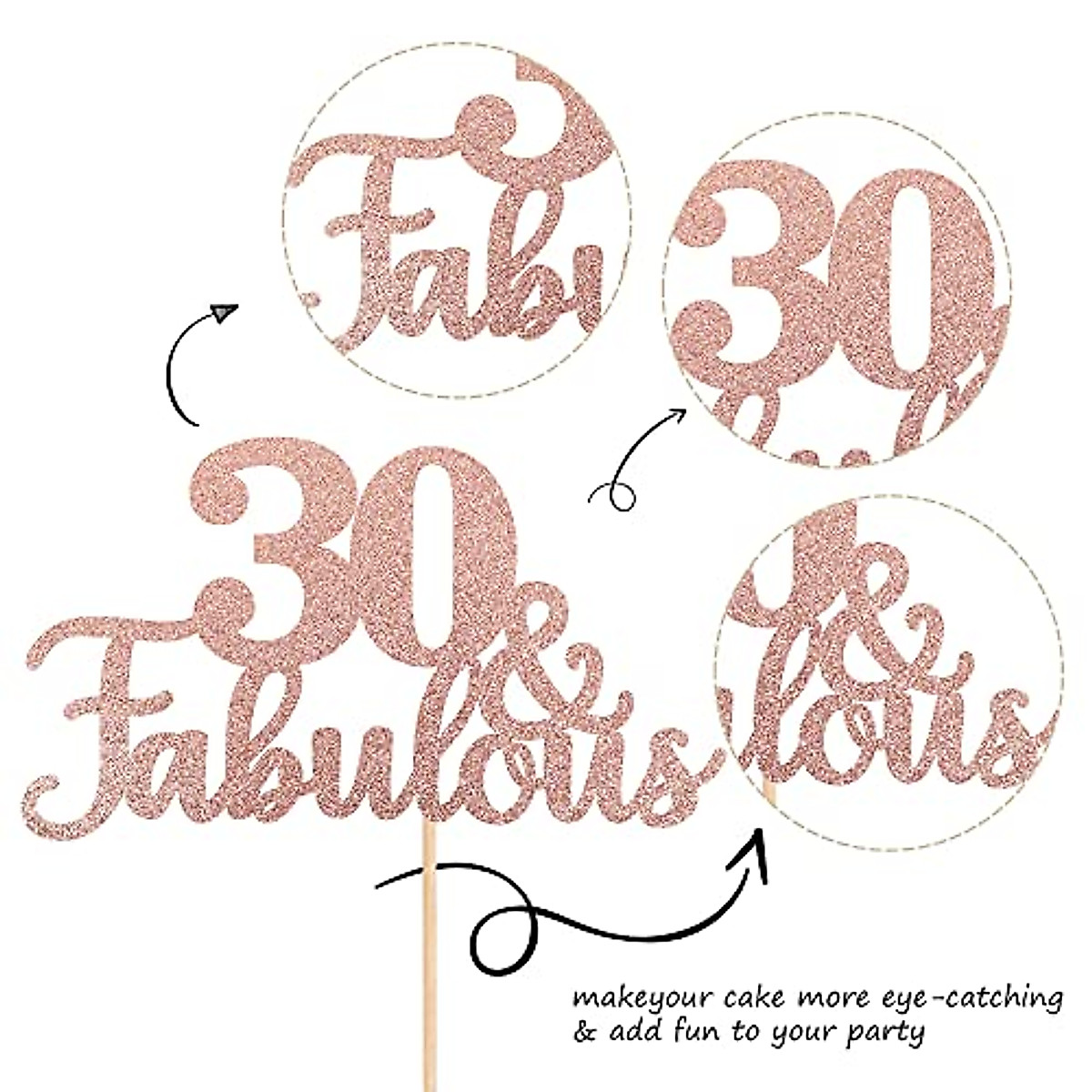 1 PCS 30 & Fabulous Cake Topper Glitter Thirty and Fabulous Cake Toppers Happy 30th Birthday Cake Pick for 30th Wedding Anniversary Birthday Party Cake Decorations Supplies Rose Gold