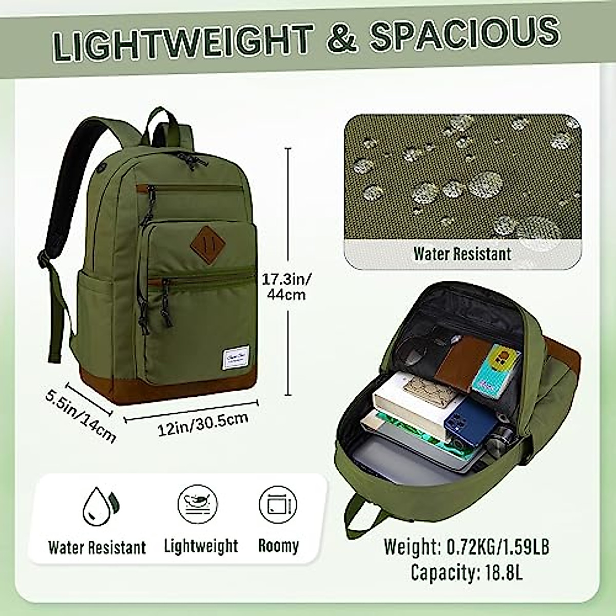 Chase Chic School Backpack for Men Women,Water Resistant Bookbag/Schoolbag/Daypack for Teen Boys Girls High School,College,Work,Travel Green