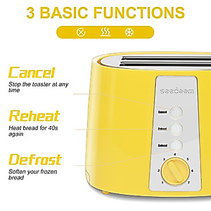 SEEDEEM Toaster 2 Slice, Extra Wide Slot Toaster, 7 Shade Settings, Bread Toaster with Cancel, Defrost, Reheat Function, Extra Wide Slots for Waffle or Bagel, Removable Crumb Tray, 750W, Lemon Yellow