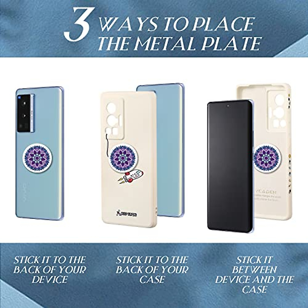 Weewooday 24 Pieces Phone Metal Plates Magnetic Mount Metal Plate for All Magnetic Car, Cell Phone, Tablet Holder, 12 Rectangle and 12 Round (Purple and Blue,Delicate Style)