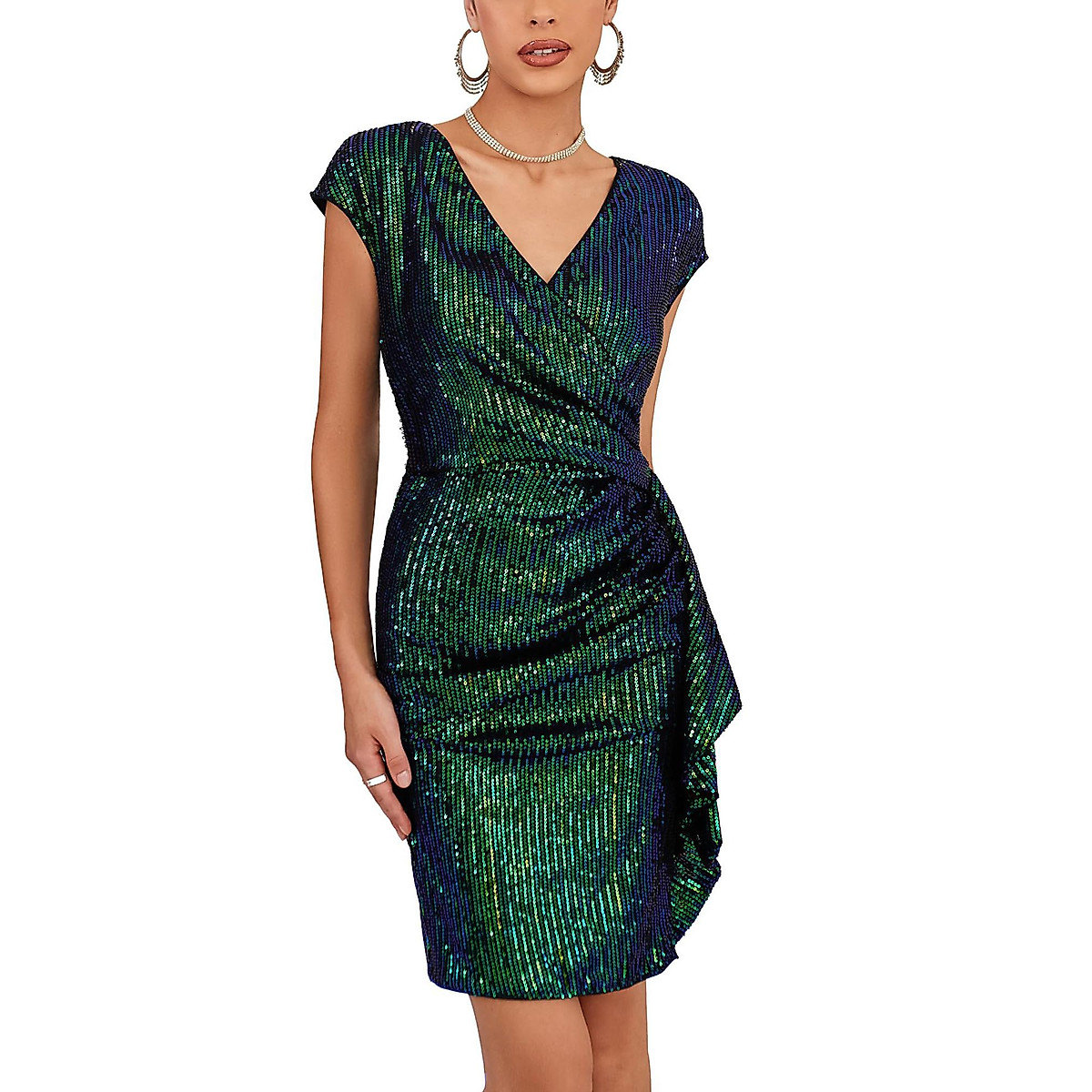 GRACE KARIN Women's Sexy Sequin Dress Short Sleeve Wrap V-Neck Cocktail Dresses Green XXL