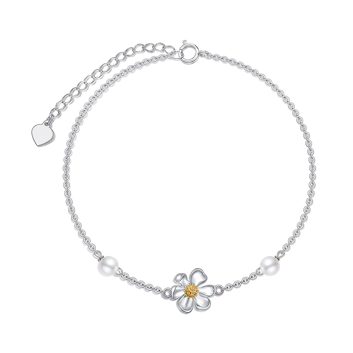 Yafeeso Solid 14K White Gold Daisy Bracelet for Women Daisy Flower Link Bracelet Daisy Jewelry Anniversary Birthday Gifts for Her, 6.5+2 Inch