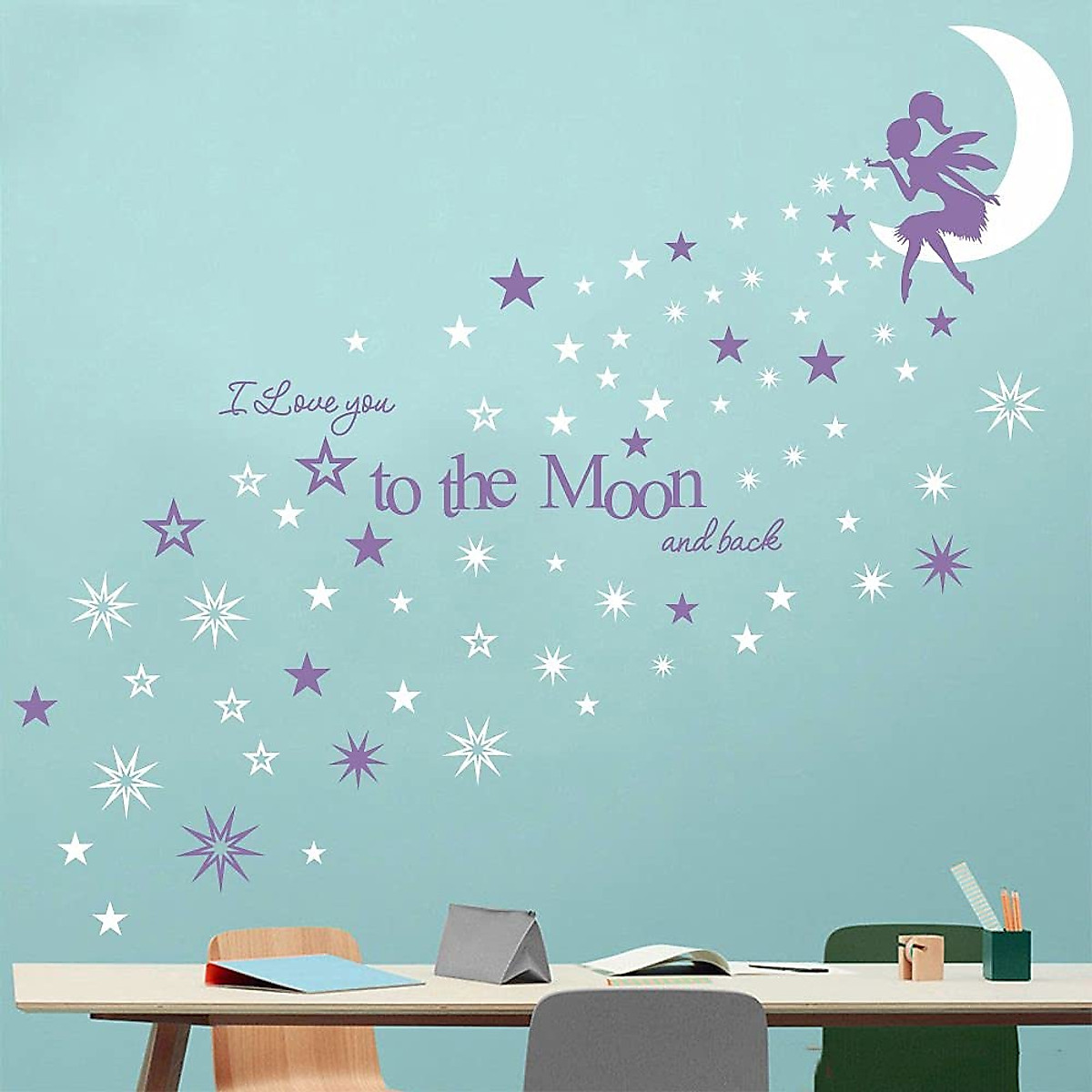 ANFRJJI Fairy Wall Decal "I Love You to The Moon and Back" Fairy Wall Sticker White moon and stars and purple elf fairy text and stars for Girl, Kids Bedroom Wall Decals, Nursery Decor JWH165 (purple