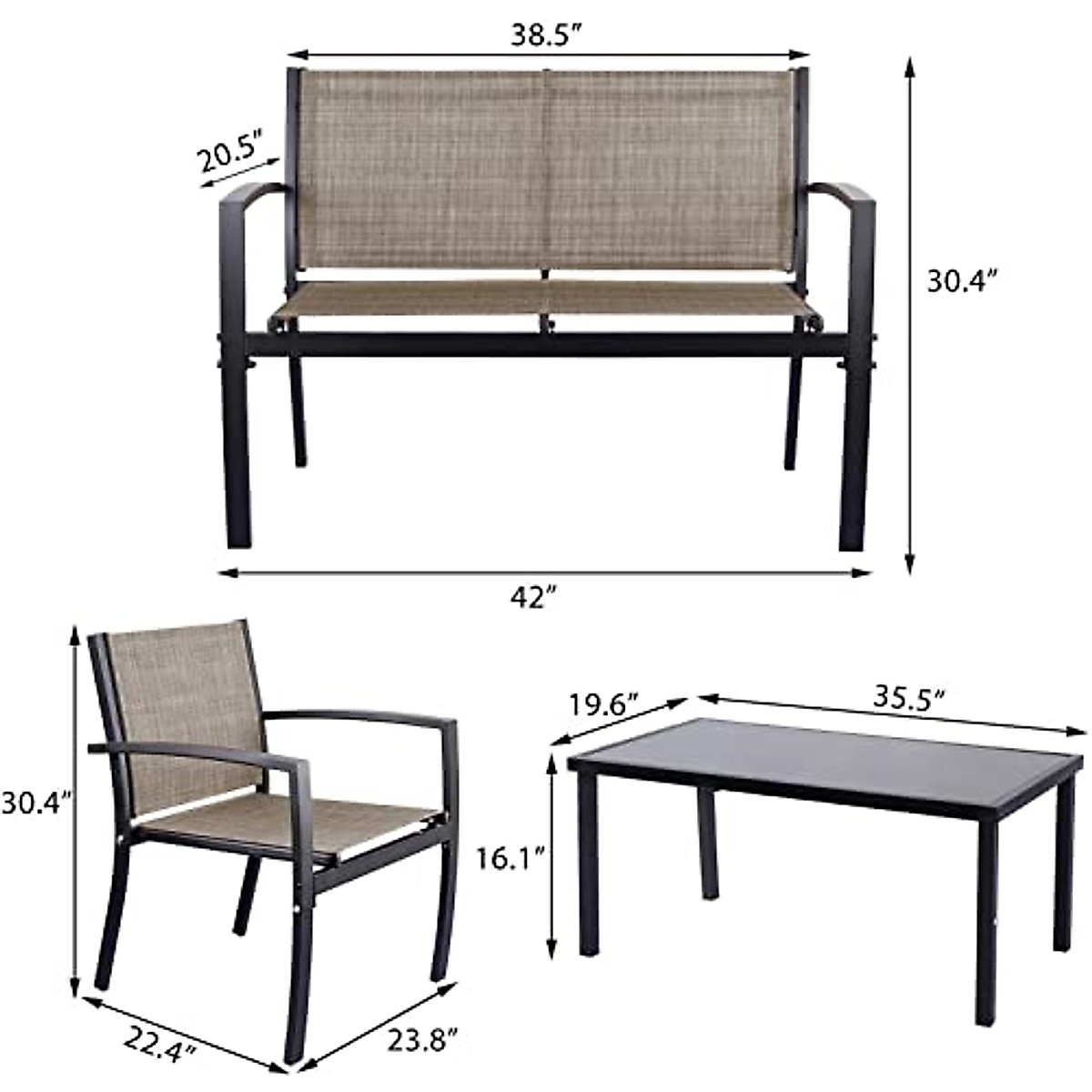 JUMMICO 4 Pieces Patio Furniture Set Modern Conversation Set Outdoor Garden Patio Bistro Set with Glass Coffee Table for Home, Porch, Lawn (Brown)