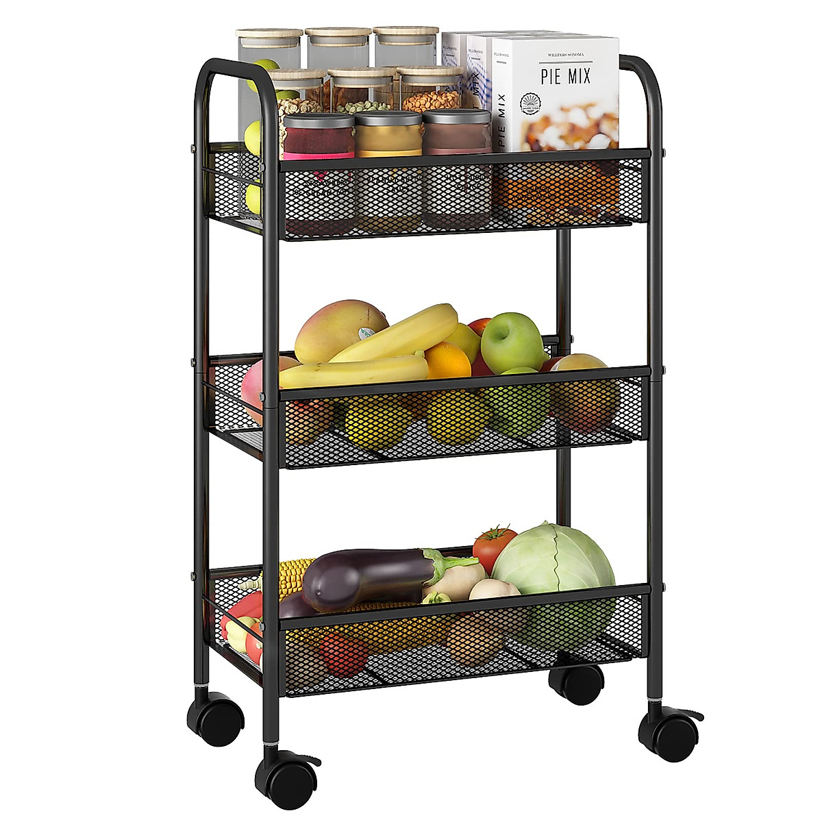 3 Tier Rolling Storage Cart, Utility Organizer Shelves with Wheels for Kitchen Bathroom, Metal Mesh White