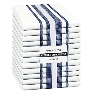 Linen Hub Set of 12 Kitchen Dish Towels Cotton 15x25 Absorbent Durable Washable, Tea Towels, Dish Cloths, Bar Towels, Cleaning Towels, Kitchen Towels with Hanging Loop, Blue White