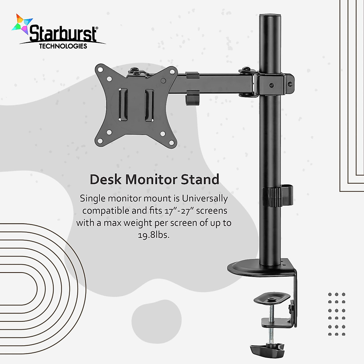Starburst Technologies Flexion Series Desk Mount Monitor Stand, Heavy Duty Fully Adjustable Stand for LED-LCD Monitor up to 27" w/Grommet Desk Mount, Single-Monitor Steel Articulating Monitor Mount