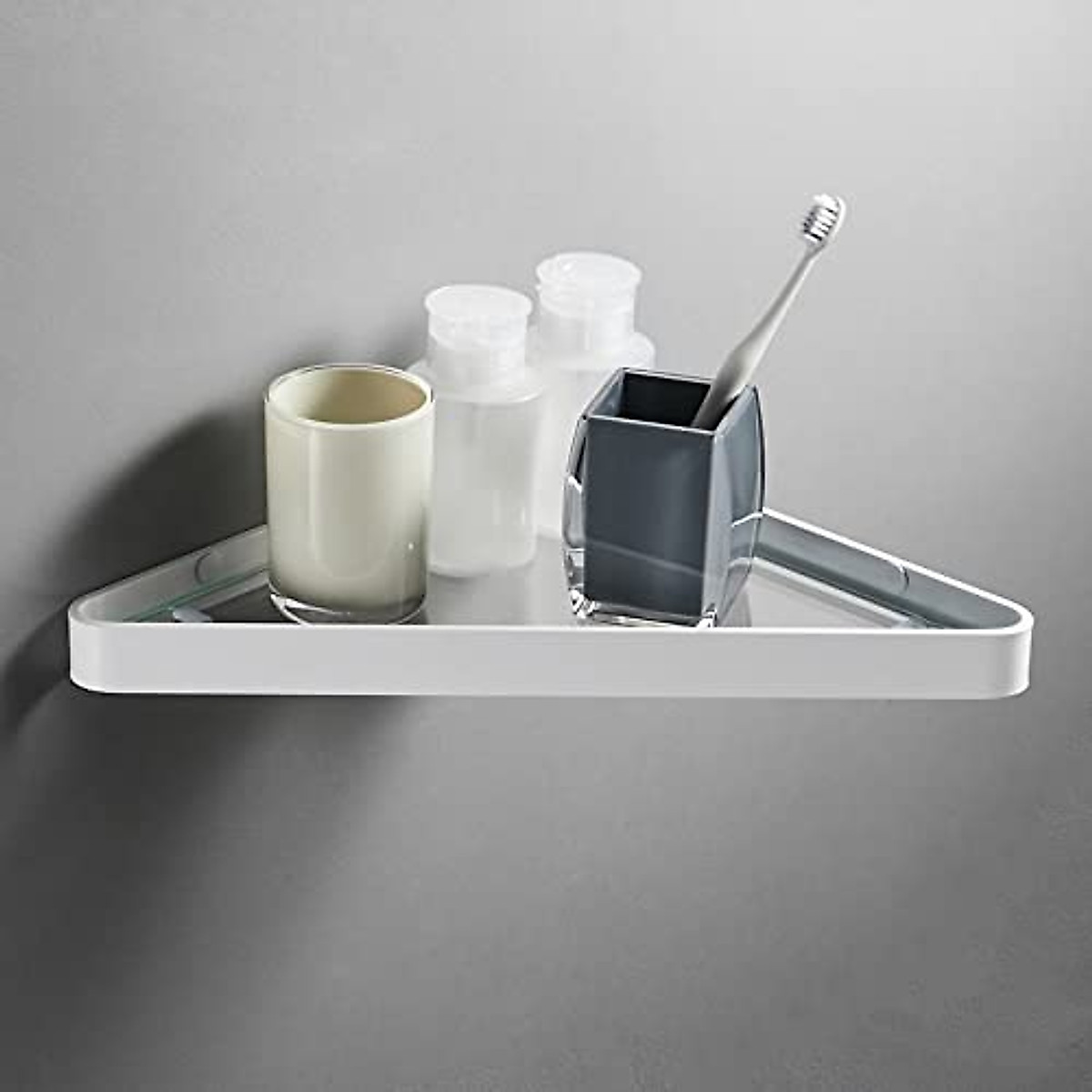 Aeumruch Corner Glass Storage Shelf Bathroom Wall-Mounted Triangular Basket Shower Corner Shelf Shampoo Shelf Organizer (White)