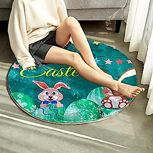 Ultra Soft Faux Fur Area Rugs Faux Rabbit Fur Round Rug, Living Room Rugs for Bedroom, Dining Room, Living Room, Easter Cartoon Bunny Eggs