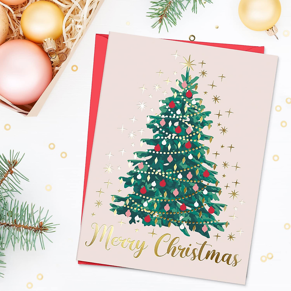 Christmas Cards Set - 24 Gold Foil Holiday Cards with Red Envelopes – 6 Assorted Designs Boxed for Easy Storage - 4.25 x 5.75, Bulk Greeting and New Years Decor Sheets