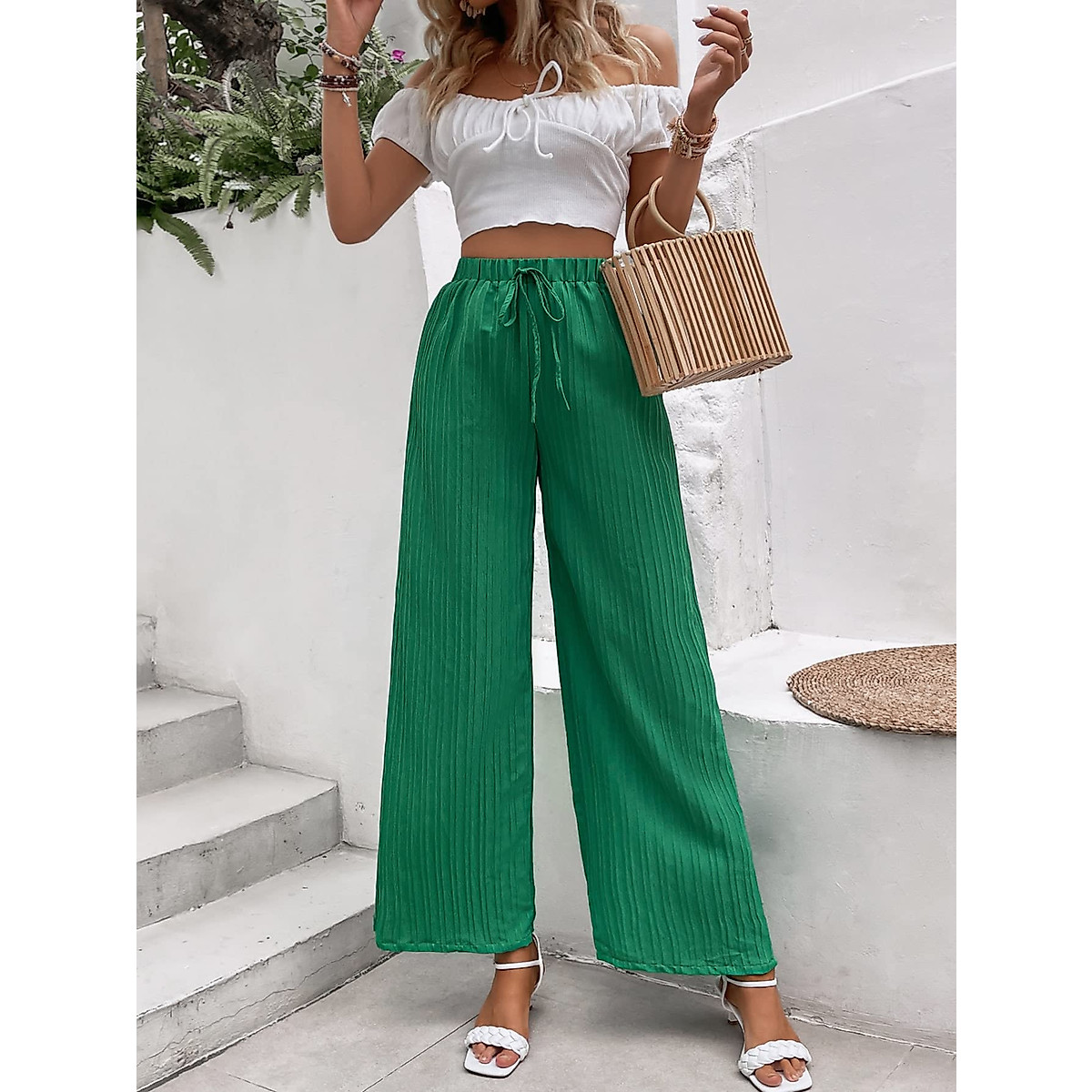 SweatyRocks Women's Boho Elastic Waist Pleated Pants Wide Leg Palazzo Pants Loose Trousers Solid Green XL