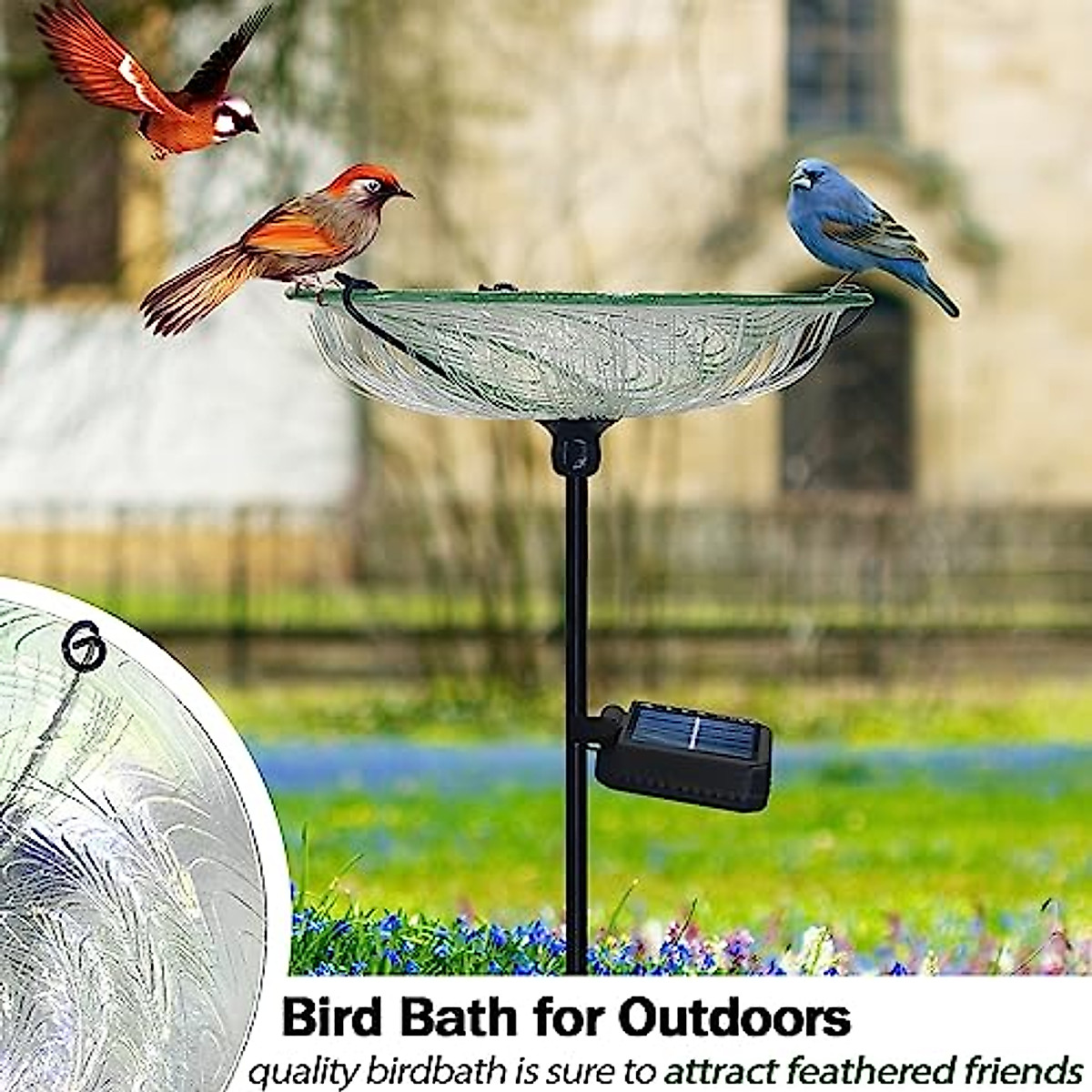 SUBOLO Bird Bath for Outdoors Solar Powered Glass Bird Bath Bowl with Metal Stake for Yard Lawn Garden Decorations, Transparent