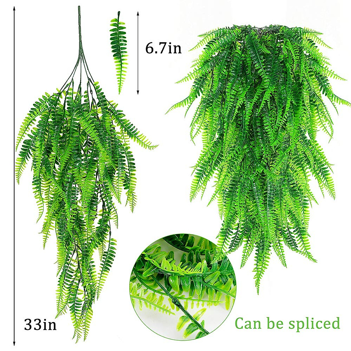 AA BADBABY 2pcs Artificial Hanging Vine Ferns Plants Fake Boston Fern Ivy Leaves Garland Greeny Chain Wall Home Room Garden Wedding Garland Outside Decoration (Fern)