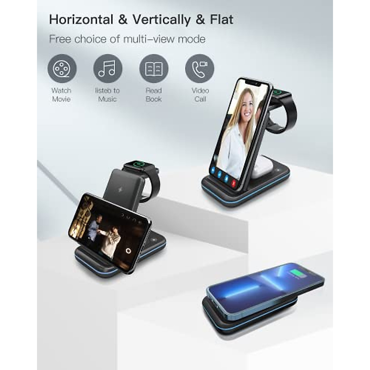Wireless Charging Station for Multiple Devices Apple - TYCRALI 3 in 1 Wireless Charger Stand Foldable Designed for iPhone 14/13/12/11/Pro/X/XS/XR, AirPods 2/3, iWatch 7/6/5/SE/4/3/2