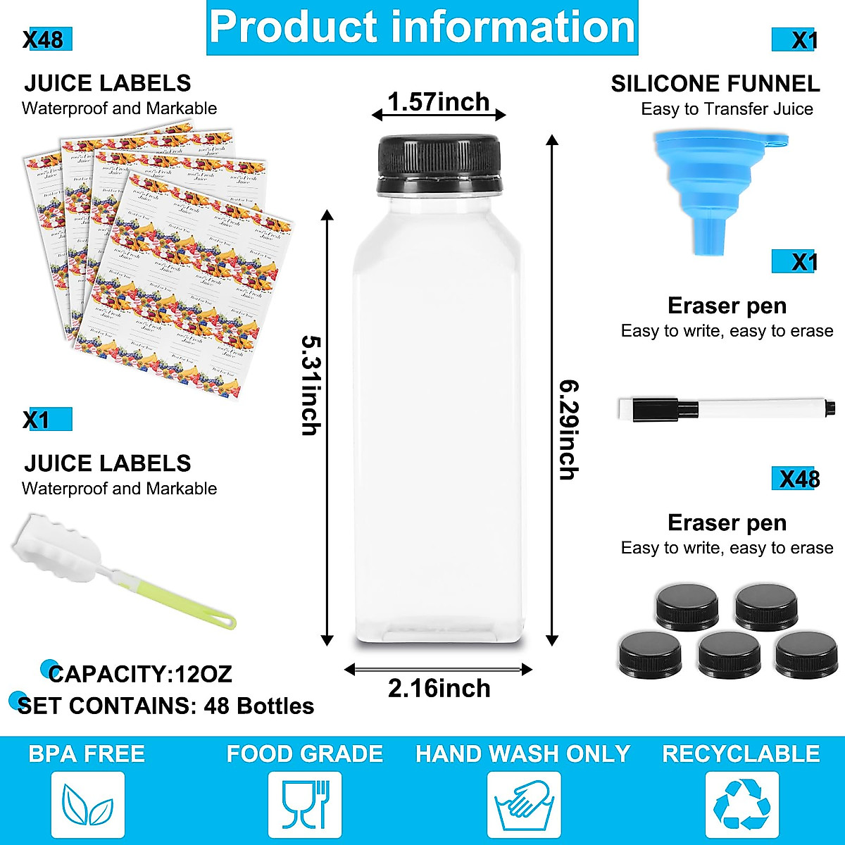 Janisfirst 48Pcs 12 oz Empty Plastic Juice Bottles with Caps,Reusable Clear Homemade Water Bottles Containers with Black Tamper Evident Caps for Juicing, Smoothie, Milk,Drinking and Other Beverages