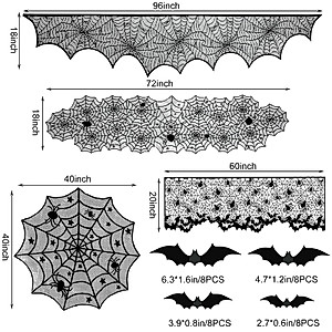 5Pack Halloween Decorations Indoor Halloween Decor Black Lace Table Runner Fireplace Mantel Scarf Round Tablecloth Cobweb Lampshade with 32 Pcs 3D Bat Wall Stickers