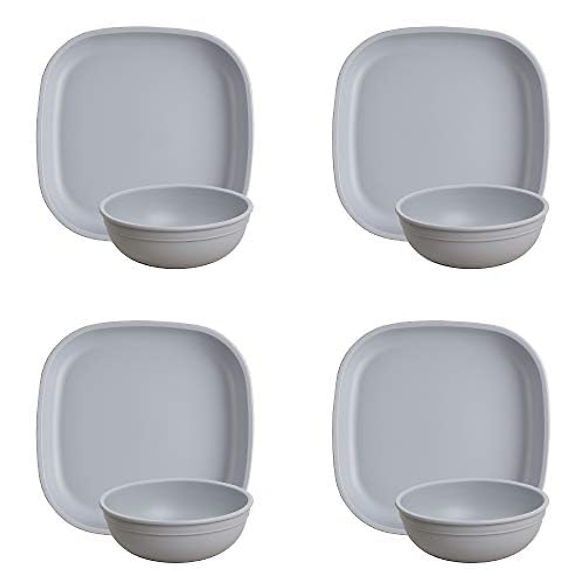 Re-Play Made in USA Set of 4 Flat Toddler Plates and 4 Bowls - Reusable 9" Kids Plates and 20 Oz. Toddler Bowl Set, Microwave and Dishwasher Safe - Toddler Plates and Bowls Set, Grey