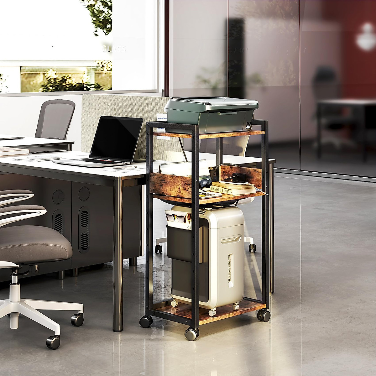 TC-HOMENY 3-Tier Movable Printer Stand with Storage Rolling Floor-Standing Deskside Shredder Computer Host Stand Adjustable Storage Shelf Rack on Wheels Multipurpose Stand for Printer