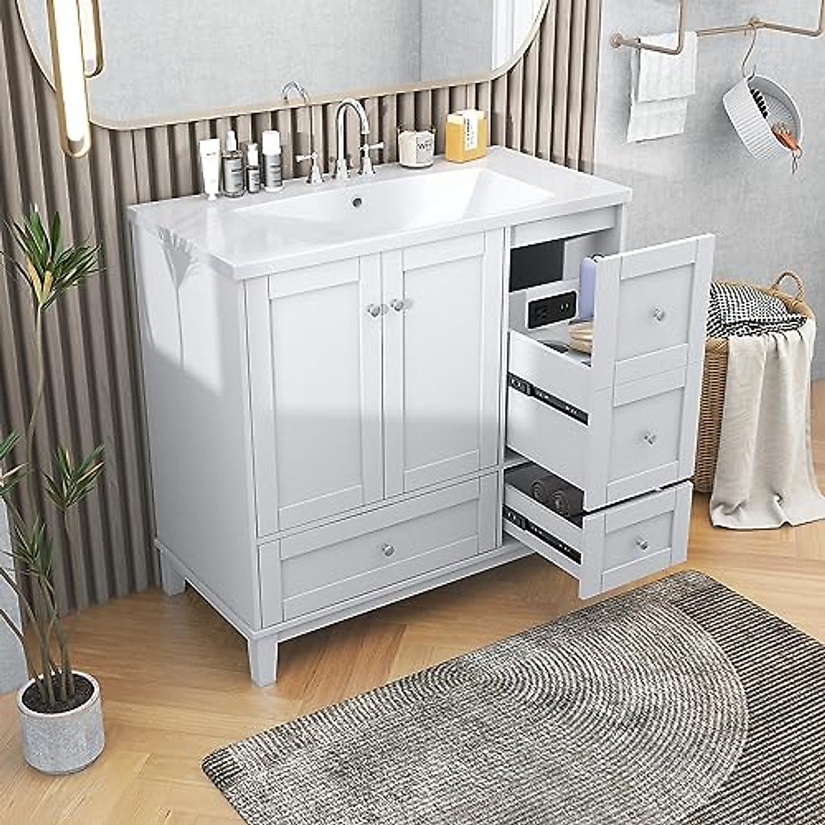 Polibi 36" Modern Bathroom Vanity with USB Charging, Two Doors and Three Drawers Bathroom Storage Vanity Cabinet, Small Bathroom Vanity Cabinet with Single Sink, White, Faucets Not Included