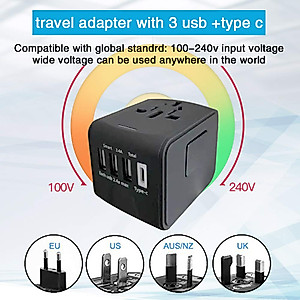 Universal Travel Adapter,All in One Universal Power Adapter for 150 Countries 3usb+Type C (Black)