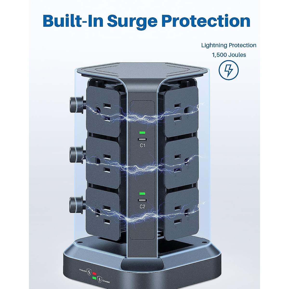KOOSLA [65W] PD Power Strip Tower Surge Protector, USB C Desktop Charging Station with 12 Widely Spaced AC Outlets / 2 USB-C / 3 USB-A Ports, 6.5ft Heavy-Duty Extension Cord for Home Office Dorm…