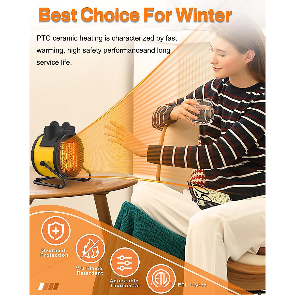 Outdoor Patio Heater - 1500W PTC Electric Garage Heater with Thermostat, 2S Fast Heating Ceramic Heater, 3 Modes Portable Small Fan Heaters for Patio, Garage, Greenhouse and Indoor Use