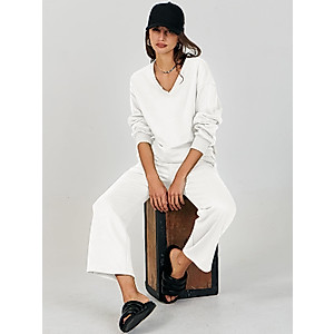 ANRABESS Women’s Two Piece Outfits Matching Sets Long Sleeve V Neck Pullover Top and Wide Leg Pants 2023 Fall Tracksuit Lounge Sets A804baise-S, White