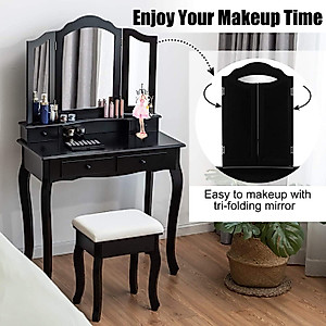 RIVALLYCOOL 2-in-1 Vanity Table Set, Multipurpose Dressing Desk Set with 4 Drawers Tri-Folding Mirror, Cushioned Stool, Wood Table with with Modern Shape, Bedroom Bathroom Makeup Table (Black)