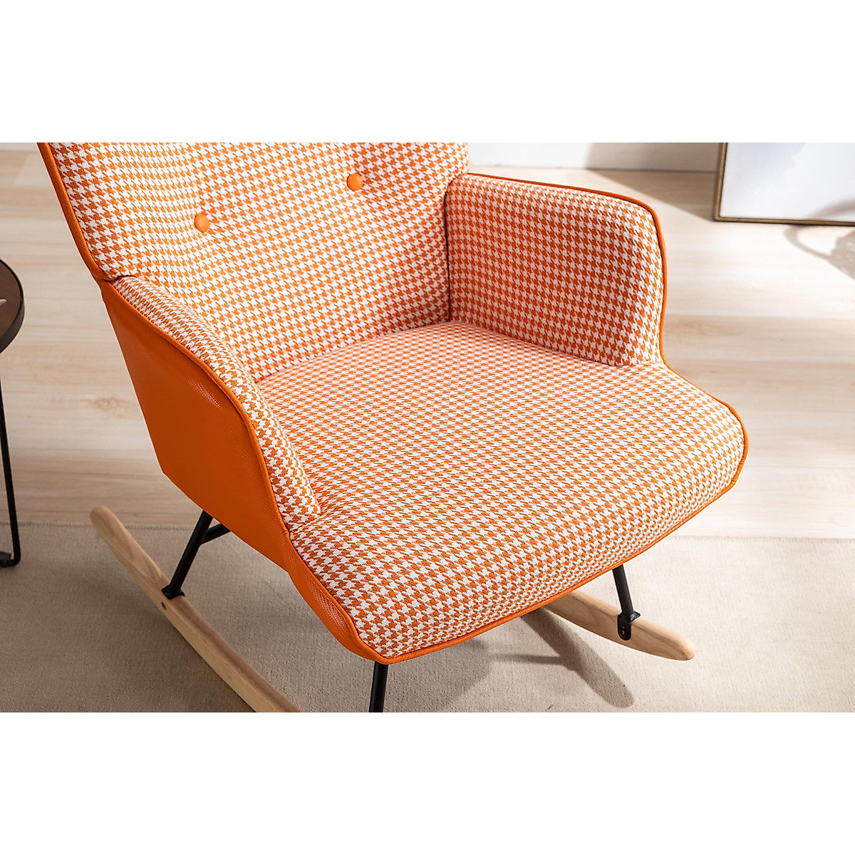 Tiophome Rocking Chair Nursery, Upholstered Glider Rocker Accent Chairs Padded Seat with High Backrest, Comfy Side Armchair for Nursing, Living Room, Bedroom, Office, Linen/Leather, Houndstooth Orange