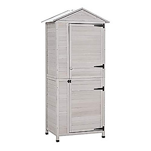 Outsunny 36" x 25" x 79" Wooden Storage Shed Cabinet, Outdoor Tool Shed Organizer with 4-Tier, 3 Shelves with Handle Tin Roof Magnetic Latch Foot Pad, Light Grey