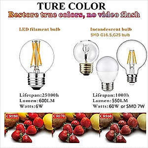 LiteHistory Dimmable Wall sconces Edison Bulb G16.5 6W Equal 60 watt AC120V Warm 2700K E26 Light Bulb for Pendant,Chandeliers,Vanity, 600lm 6Pack