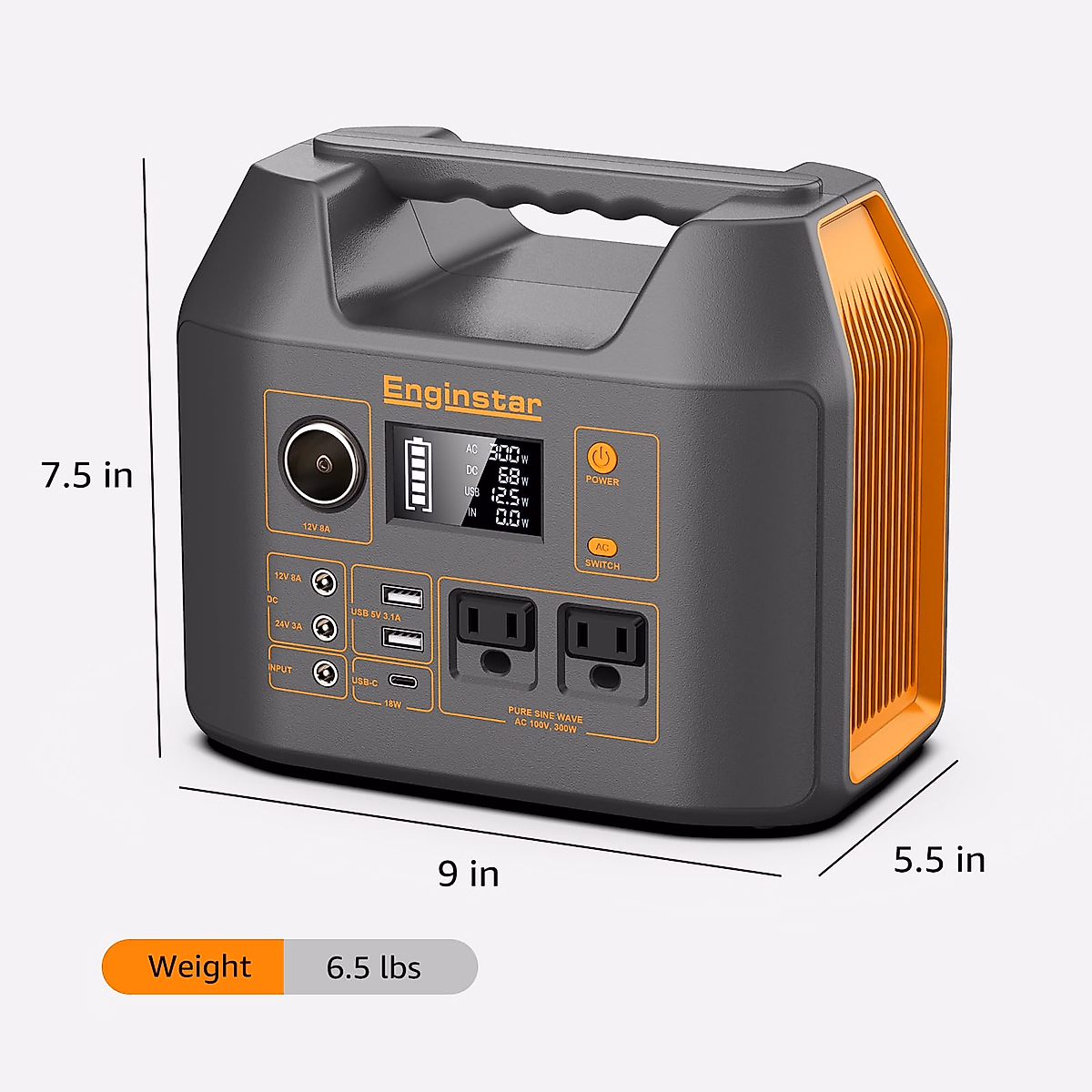Portable Power Station EnginStar 300W Solar Generator 110V 296Wh Power Bank Two Pure Sine Wave AC Outlet 80000mAh Lithium Battery Pack for Camping Outdoors Trip RV Hunting Vans Emergency Backup