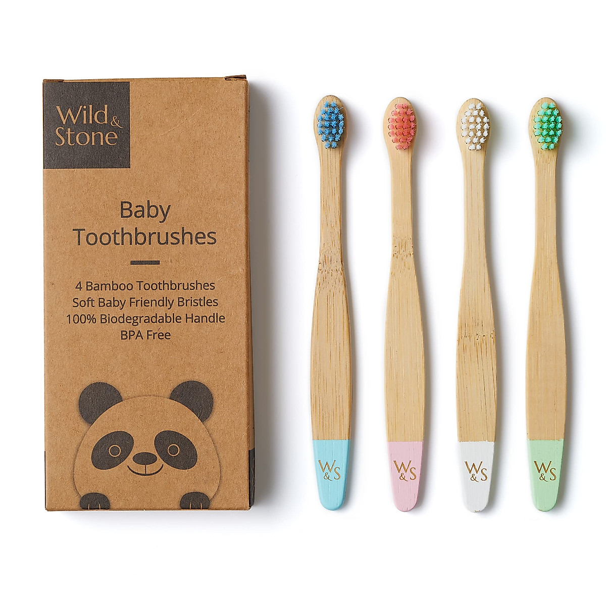 Wild & Stone Organic Baby Bamboo Toothbrushes | 4 Pack | Soft Bristles | 100% Compostable Handle | BPA Free | Vegan Baby Toothbrushes (Multicolour)