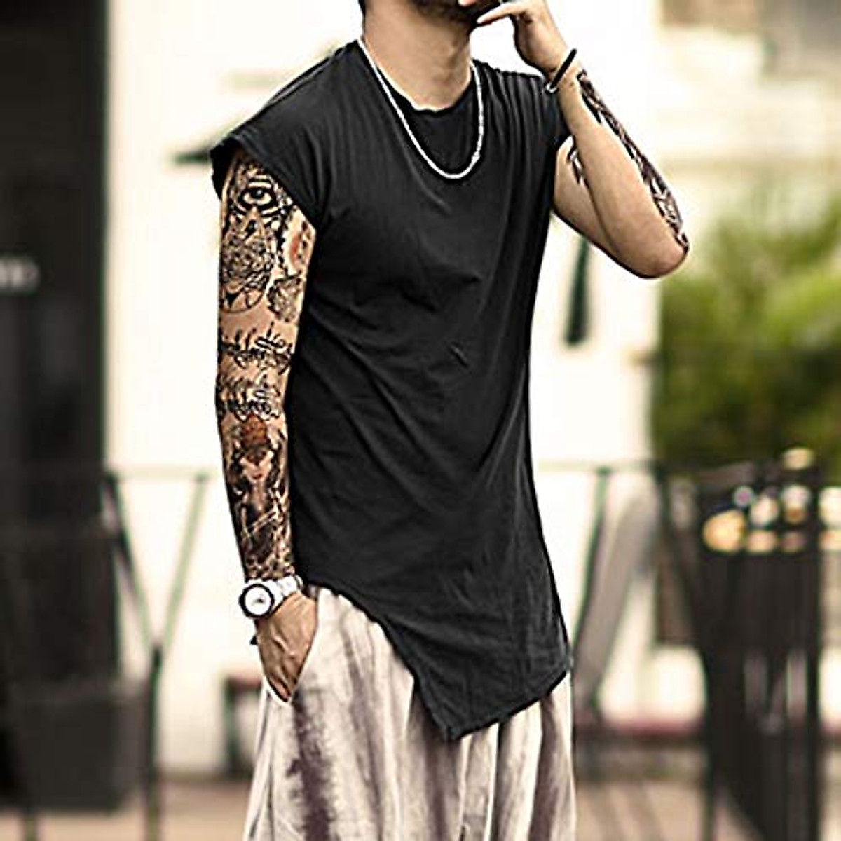 YOMXL Men Solid Color Irregular Hem Tops Athletic Sport Soft Tank Tops Casual T Shirt Tee Black