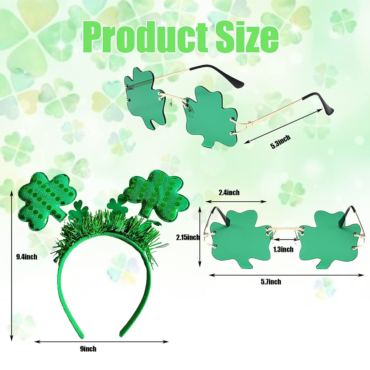 eyigylyo St. Patrick's Day Shamrock Headband with Shamrock Glasses Set, Irish Shamrock Hairband Green Clover Boppers Headwear for Women Girls Kids St. Patrick's Day Costume Accessories