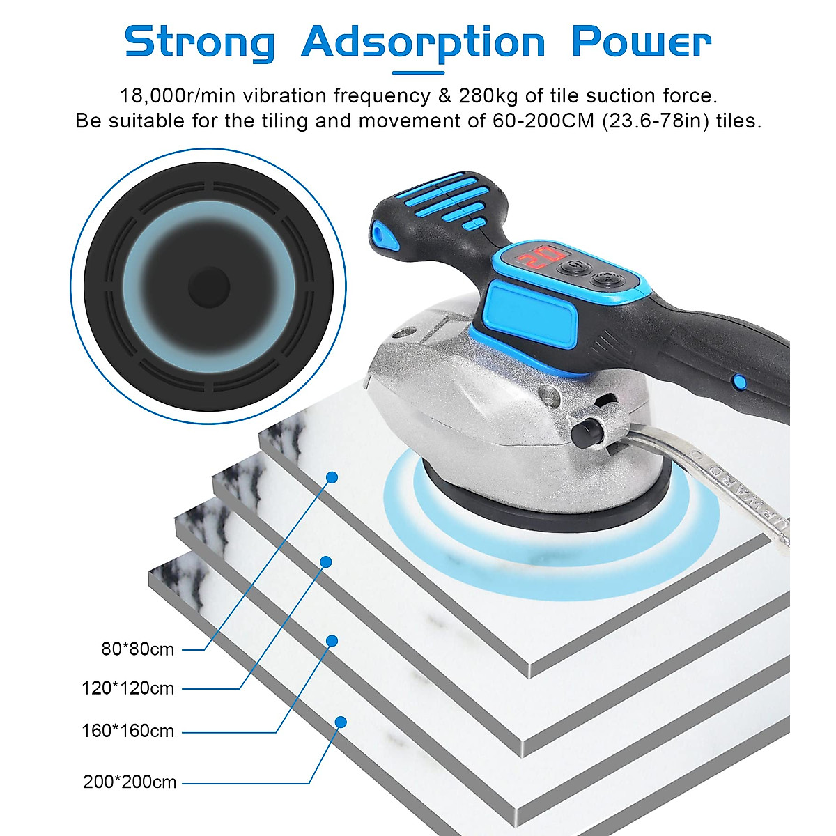 YJINGRUI Tile Vibration Machine, 18000r/min 6 Gears, 21V 12000mA, Hand-held Tile Tiler Tool, Upgrade Digital Display, with 2pcs Li-On Rechargeable Batteries