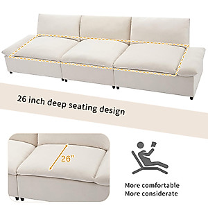 HOMIQUEEN 120'' 3 Seater Sofa with 2 Storage Units, Mid-Century Modern Upholstered Sofa Deep Seating, Solid Wood Leg Support for Living Room Bedroom Apartment Office (BEIGE)