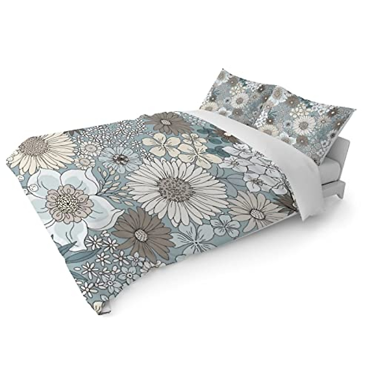 Duvet Cover Sets California King -French Print Flowers-Bedding Comforter Set Breathable SetsSoft Microfiber 3 Pcs