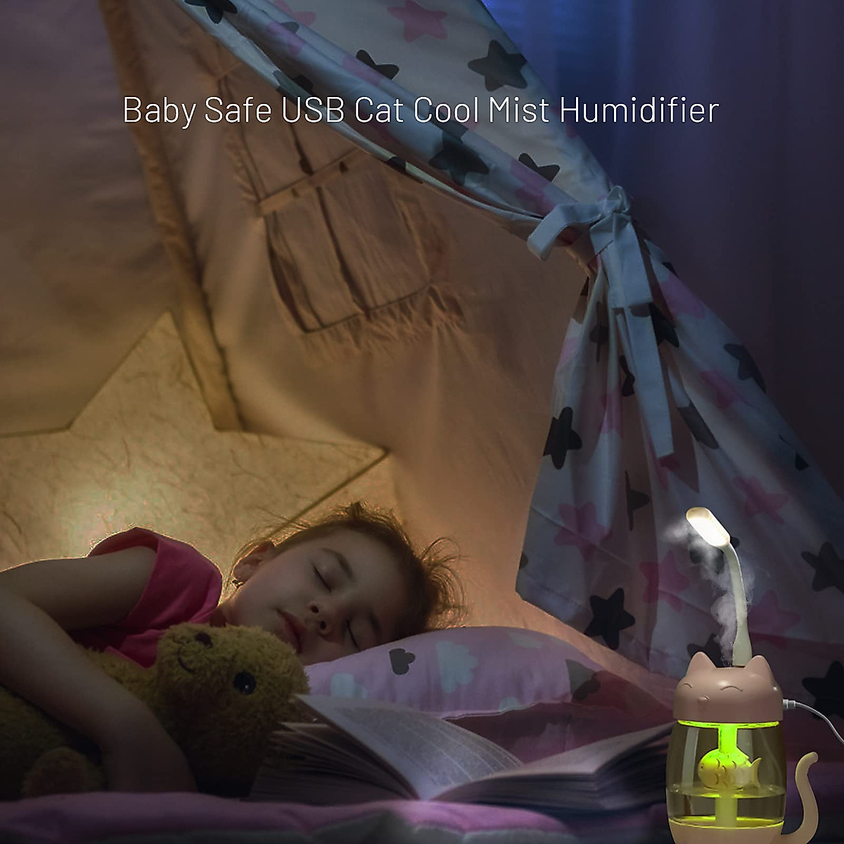 USB Cat Cool Mist Humidifier, 3 in 1 350ml Polyme Water Mist Mode & Auto Shut-Off, Vency Baby Humidifier with 6 Color LED Lights Changing, for Home Car Office, Air Humidifier with Small Fan(Pink)