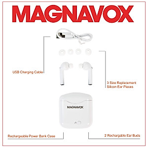 Magnavox MBH570 Bluetooth Mini Wireless Ear Buds with Charging Case in White